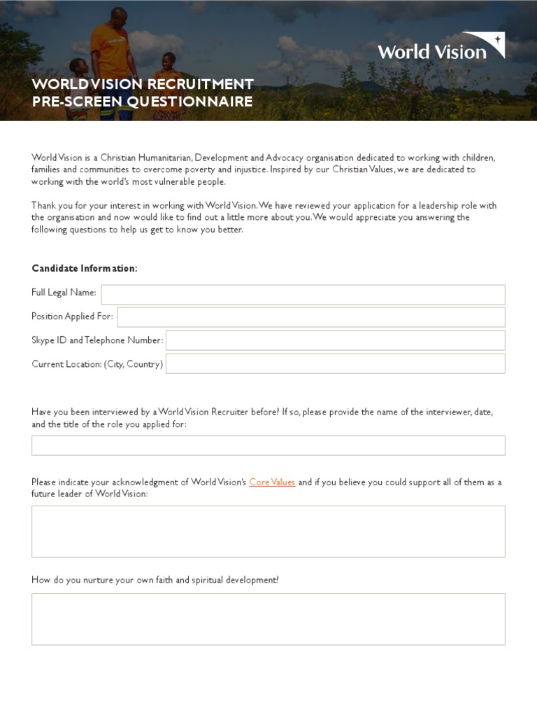 Pre-Screen Interview Questionnaire WVI U BiH | PDF | World Vision ...