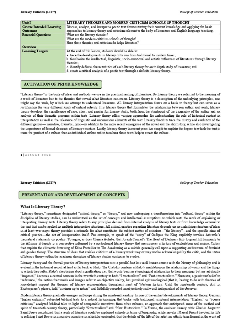 Unit I Literary Theories and Modern Criticism Schools of Thought Course ...