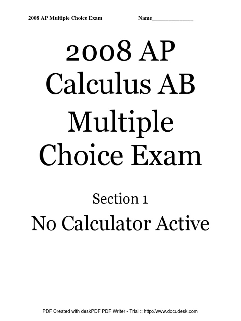 2008 AP Calculus AB Multiple Choice Exam Section 1-2 | PDF | Derivative ...