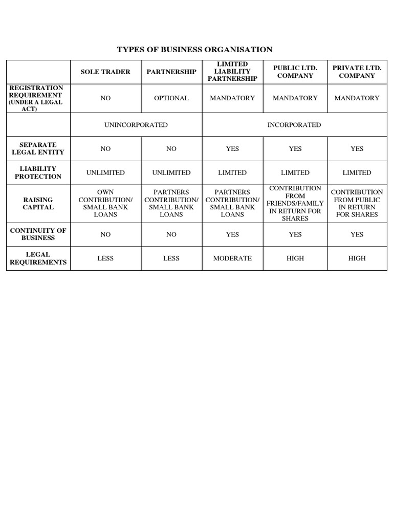 Types of Business Organization-Table | PDF