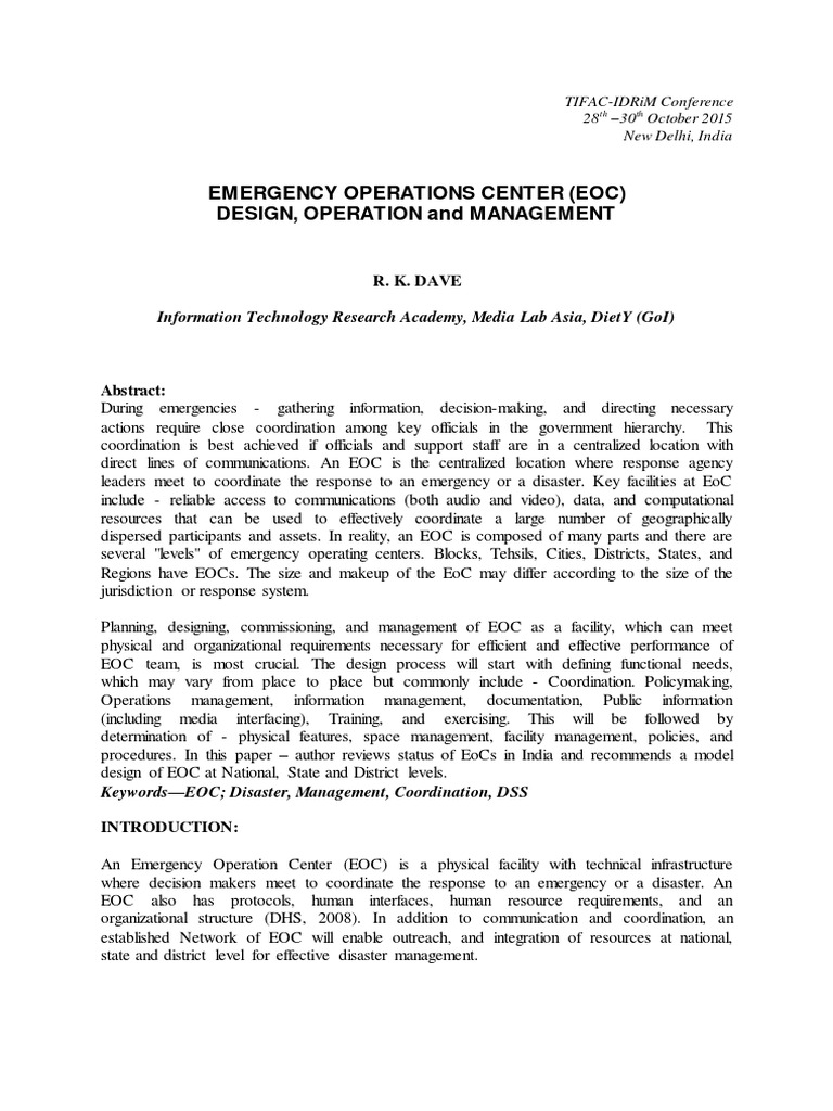 Emergency Operations Center (Eoc) Design, Operation and Management ...