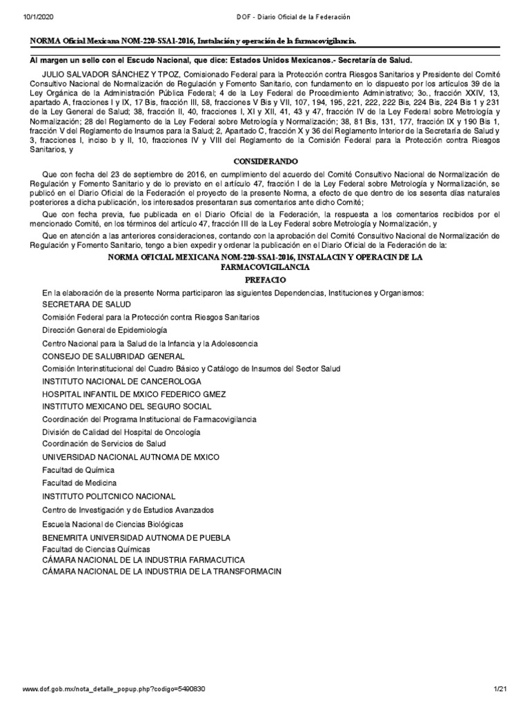 NORMA Oficial Mexicana NOM-220-SSA1-2016, Instalación y Operación de La ...