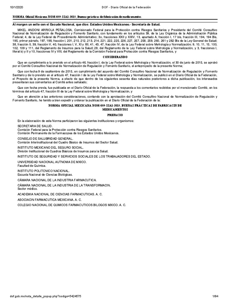 NORMA Oficial Mexicana NOM-059-SSA1-2015, Buenas Prácticas de ...