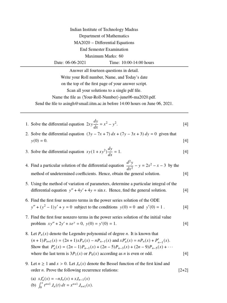 MA2020 EndSem June6 | PDF | Equations | Ordinary Differential Equation