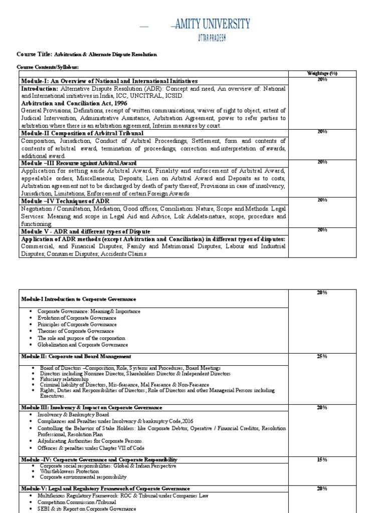 Arbitration & Alternate Dispute Resolution Course Contents/Syllabus | PDF | Intellectual ...