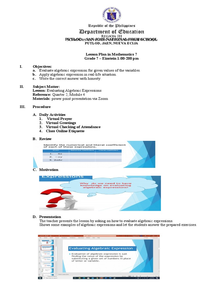 Lesson Plan For Evaluating Algebraic Expressions | PDF