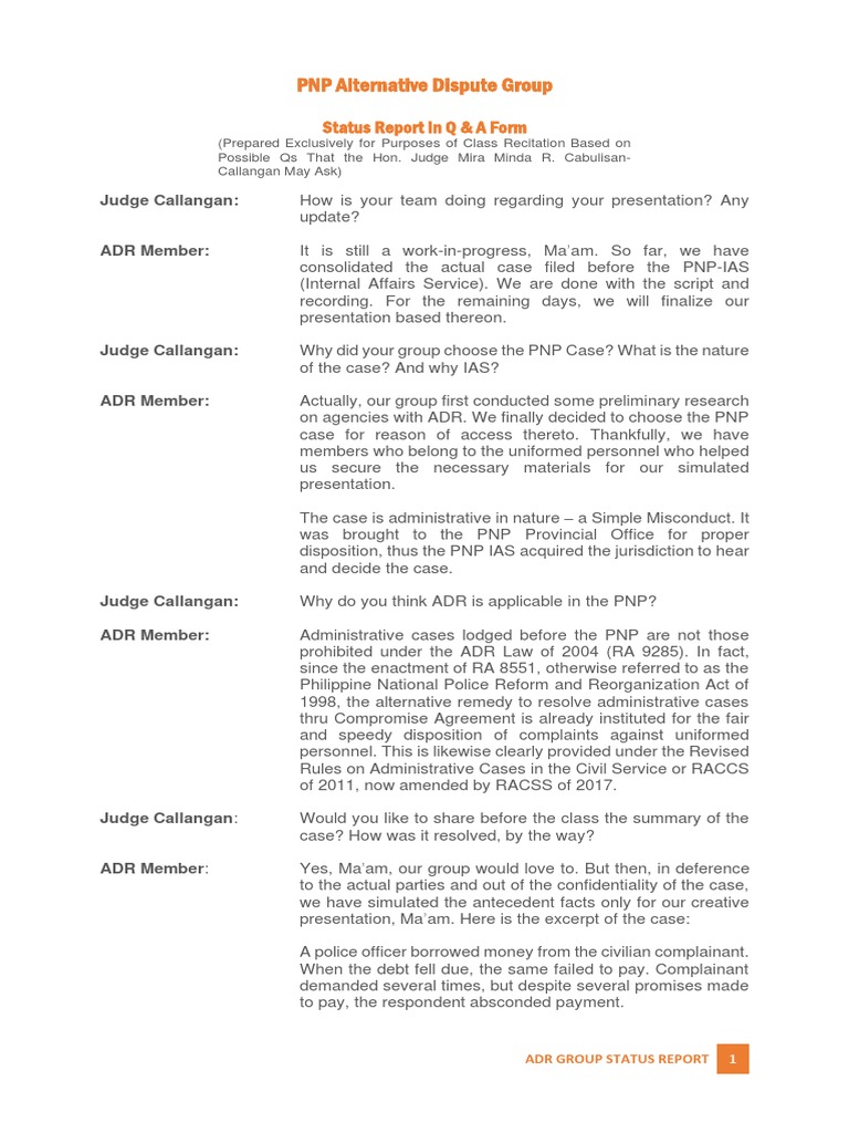 PNP Alternative Dispute Group: Status Report in Q & A Form | Download ...