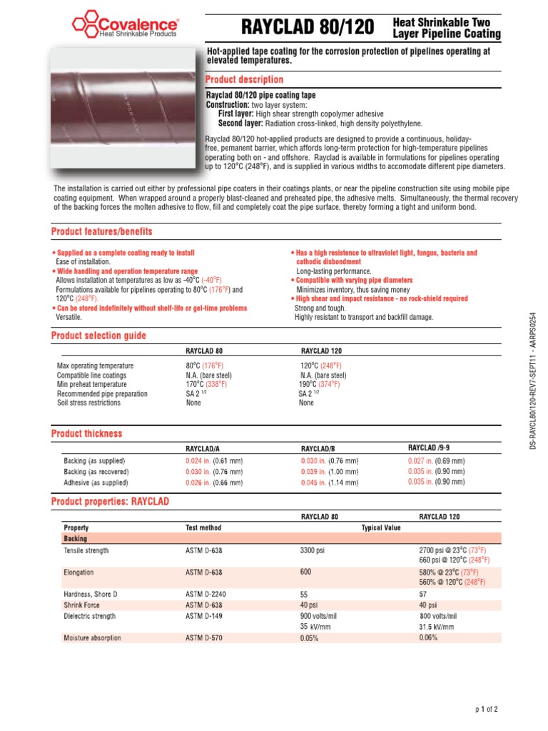 RAYCLAD 80/120: Heat Shrinkable Two Layer Pipeline Coating | PDF ...