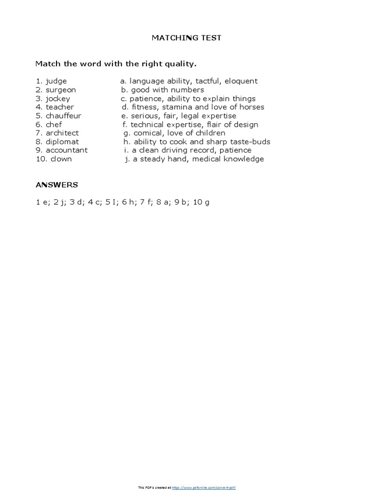 Matching Test for Professions | PDF