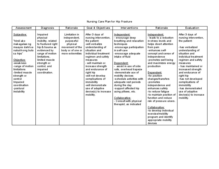 Nursing Care Plan For Hip Fracture Assessment Diagnosis Rationale Goal ...
