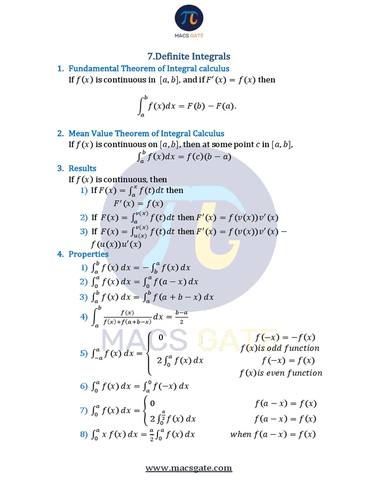 7.definite Integrals: 1. Fundamental Theorem of Integral Calculus | PDF ...