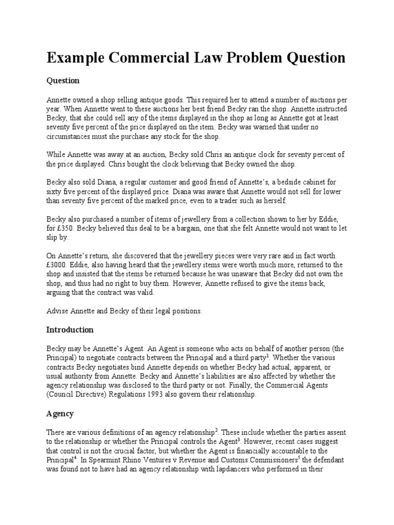Example Commercial Law Problem Question | PDF | Law Of Agency | Breach ...