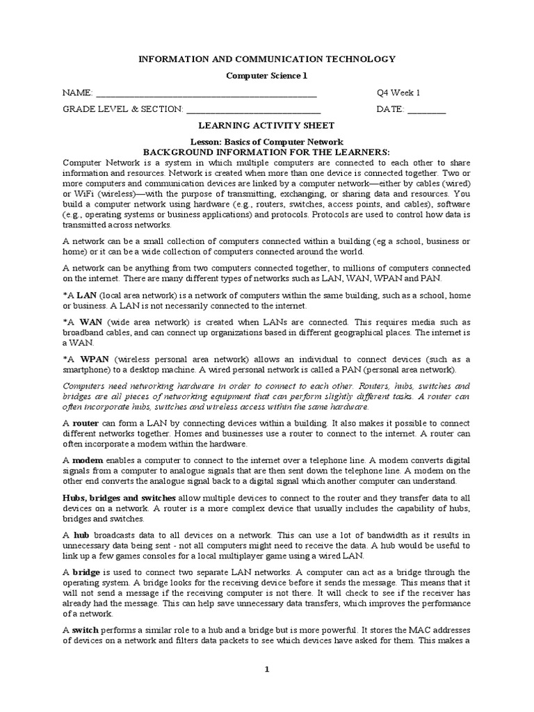 Ict Cs1 Las q4 Week 1 | PDF | Network Switch | Computer Network