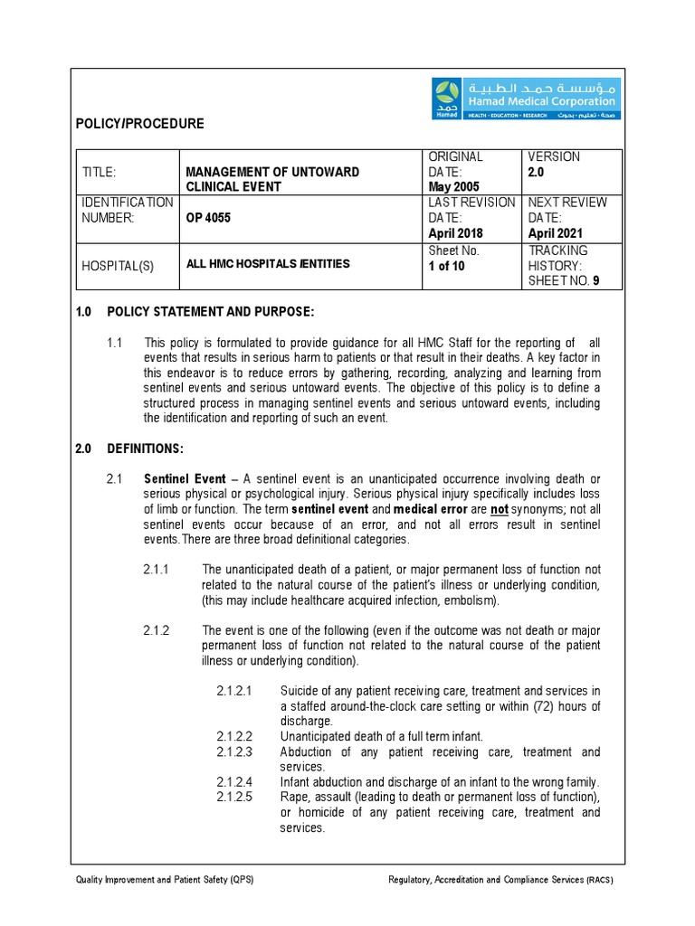 OP 4055 Management of Untoward Clinical Event | PDF | Patient Safety ...