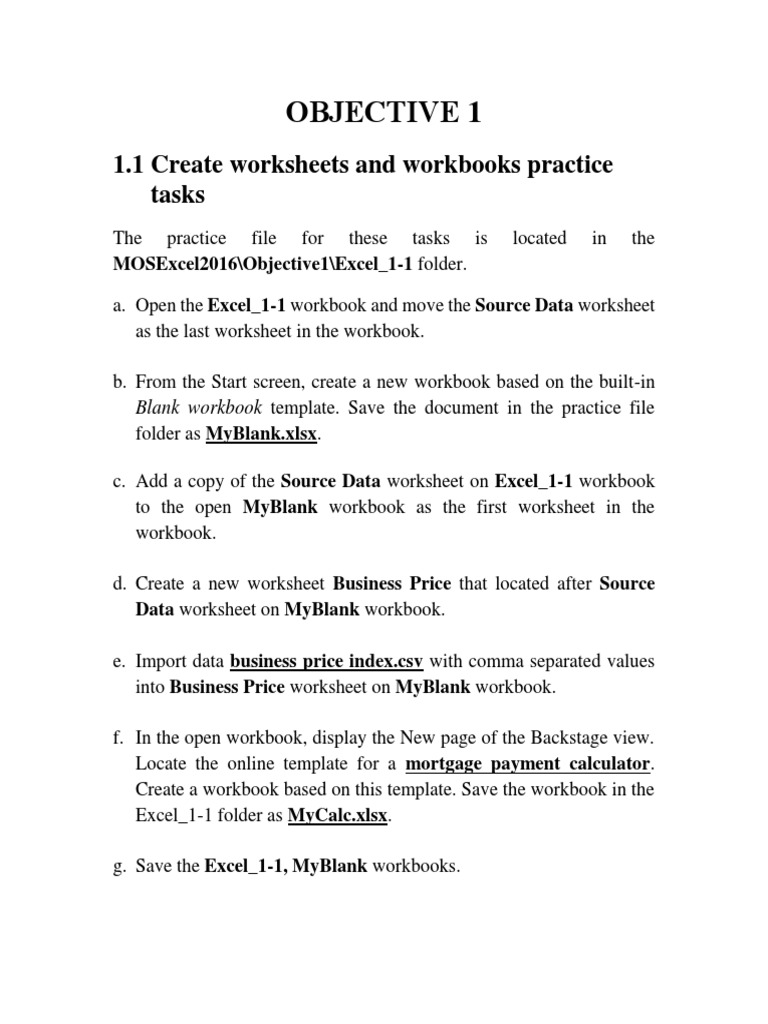 Objective 1: 1.1 Create Worksheets and Workbooks Practice Tasks | PDF | Worksheet | Comma ...