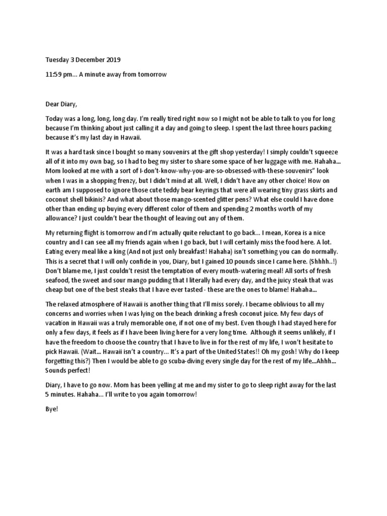 IBDP English B HL Paper 1 Sample Essay-Diary Entry | PDF | Foods