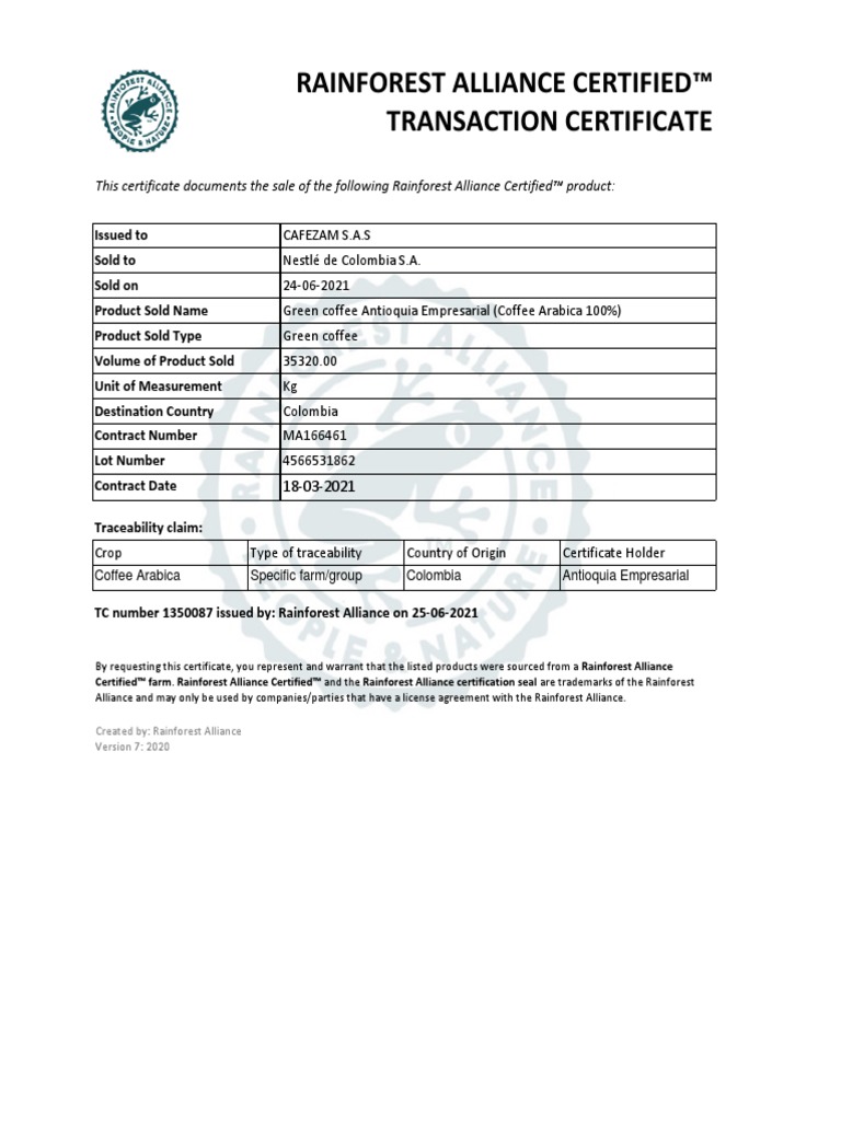 Rainforest Alliance Certifiedρ Transaction Certificate | PDF