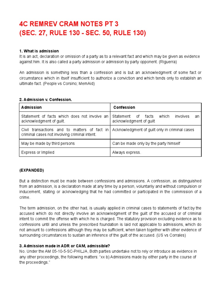4C Rem Cram Notes PT 3 | PDF | Hearsay | Confession (Law)