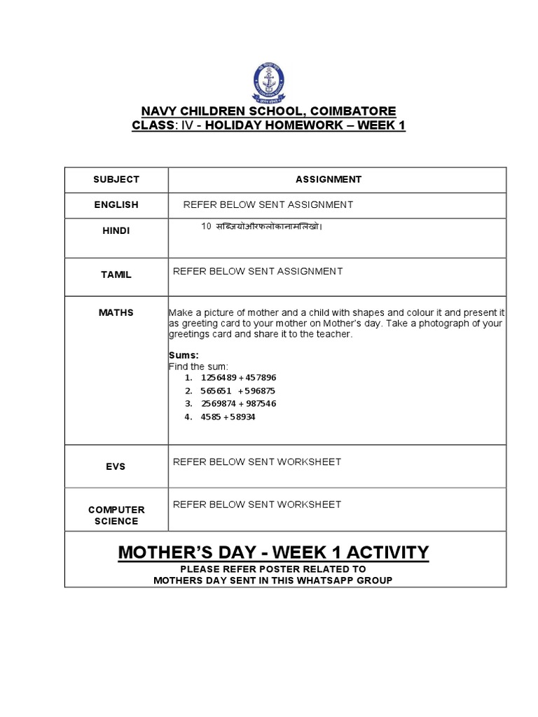 Class 4 - Holiday Homework (1st Week) (5 Files Merged) | PDF