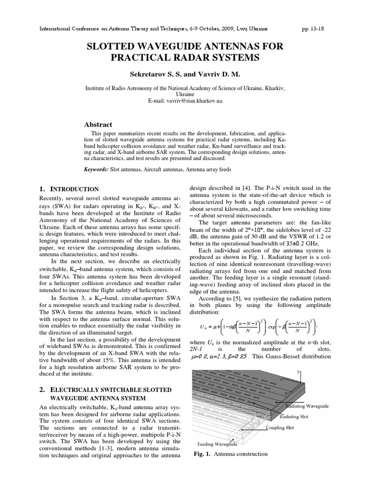 Slotted Waveguide Antennas For Practical Radar Systems: Sekretarov S. S. and Vavriv D. M | PDF ...