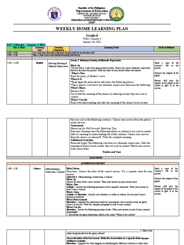 Grade 6 Weekly Learning Plan | PDF | Idiom | Solution