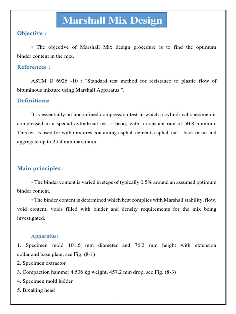 Marshall Mix Design: Objective | PDF | Asphalt | Materials