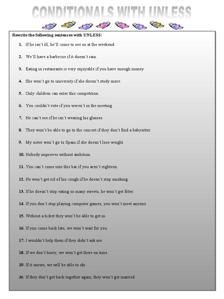 Conditionals With Unless Grammar Drills Sentence Transformation ...