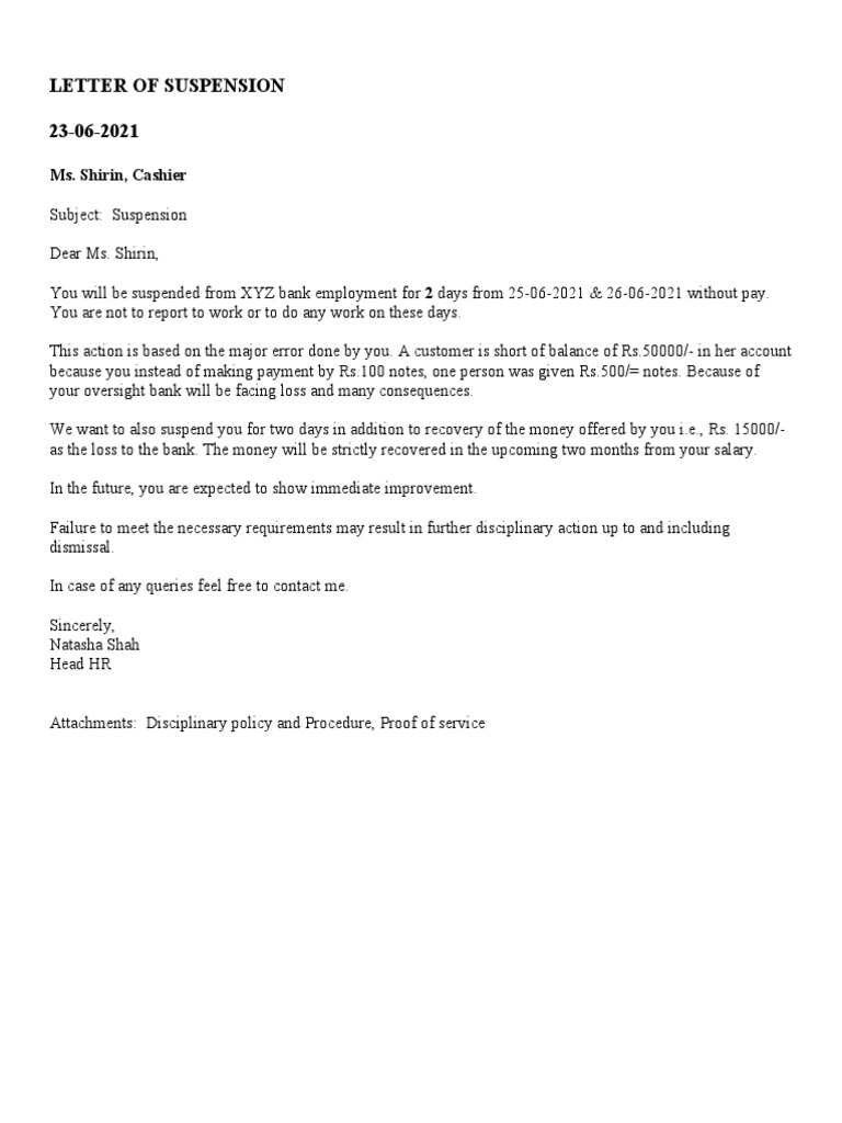 Sample Suspension Letter No Notice | PDF