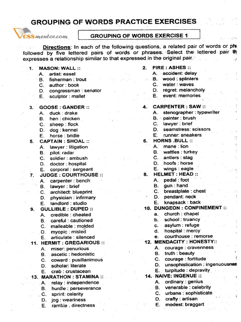 Grouping of Words Practice Exercises With Solution | PDF