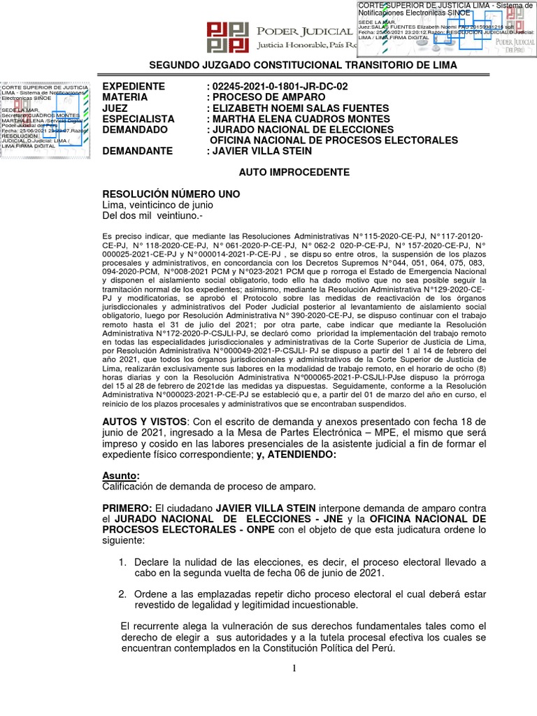 Corte Superior De Justicia De Lima Declaró Improcedente Demanda Para