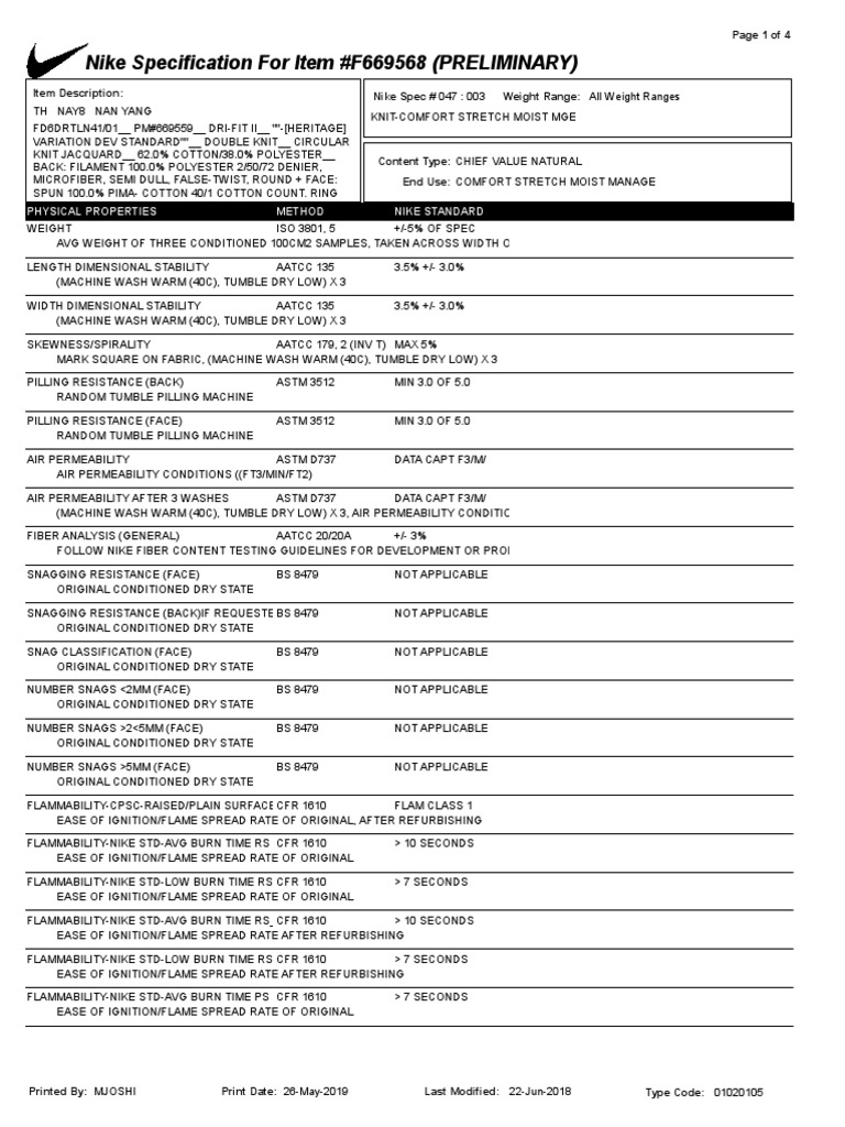 Nike Fabric Testing Standards | PDF | Fibers | Textiles