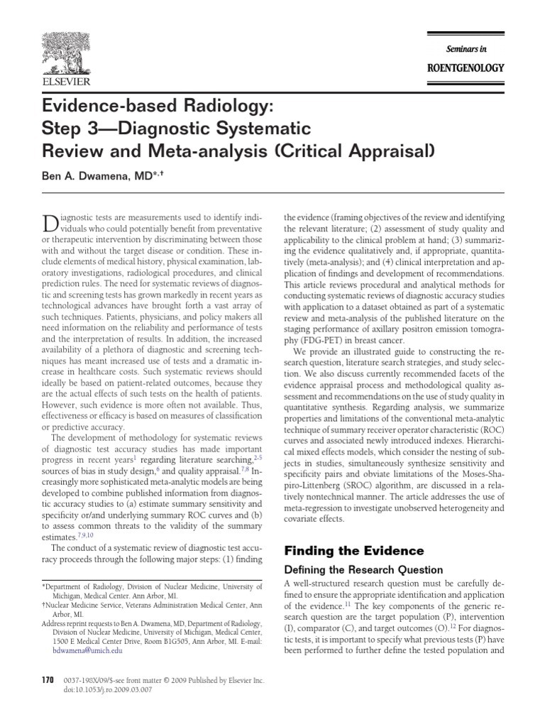 Evidence-Based Radiology: Step 3-Diagnostic Systematic Review and Meta ...