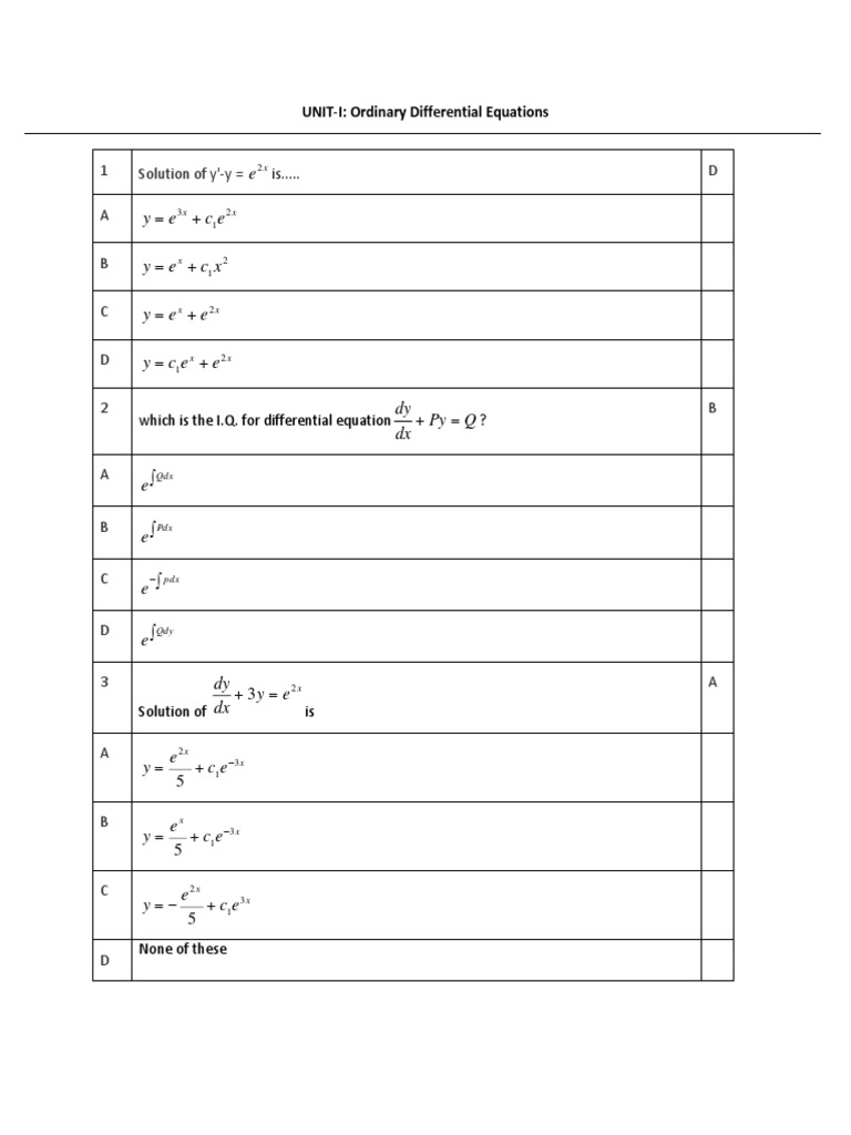M3 Unit 1 - MCQ | PDF | Ordinary Differential Equation | Mathematical Concepts