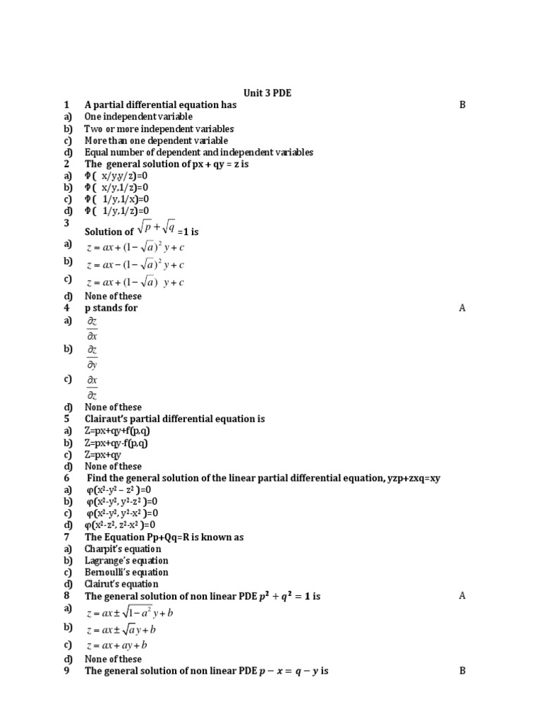 M3 Unit 3 - MCQ | PDF | Equations | Partial Differential Equation