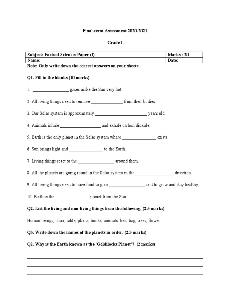 Grade 1 Factual Science Test Friday, April 30, 2021 | PDF | Sun | Earth