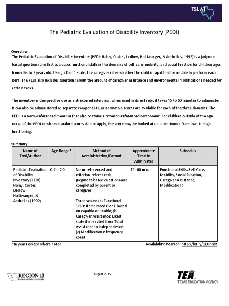 The Pediatric Evaluation of Disability Inventory (PEDI) : August 2015 ...