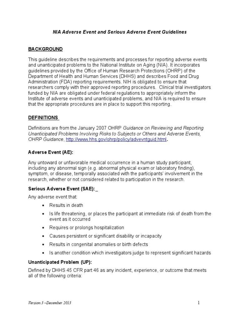 Background: NIA Adverse Event and Serious Adverse Event Guidelines ...