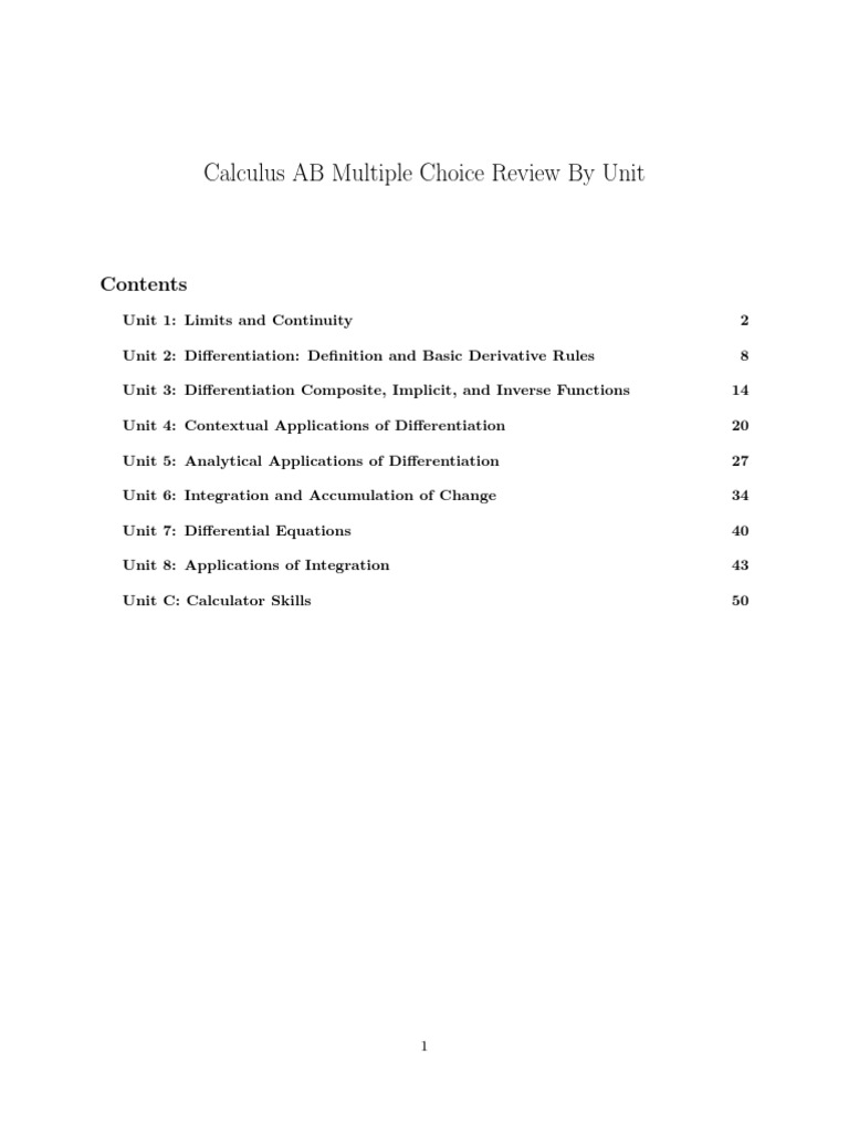 Calculus AB Review: Multiple Choice Units | PDF | Derivative | Maxima ...