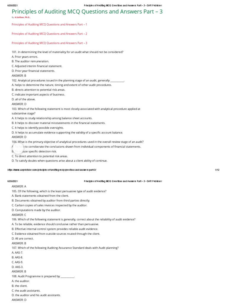 Principles of Auditing MCQ Questions and Answers Part - 3 | PDF | Financial Audit | Audit