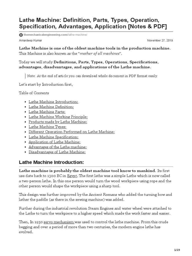 Lathe Machine Definition Parts Types Operation Specification Advantages ...