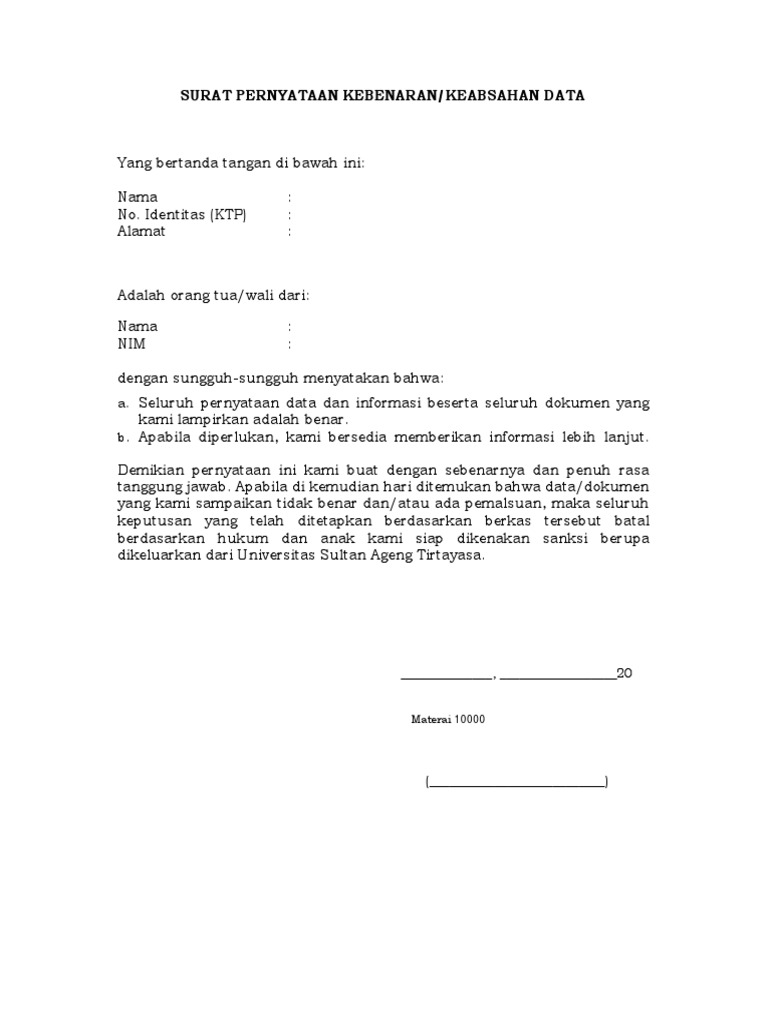 Surat Pernyataan Keabsahan Data | PDF