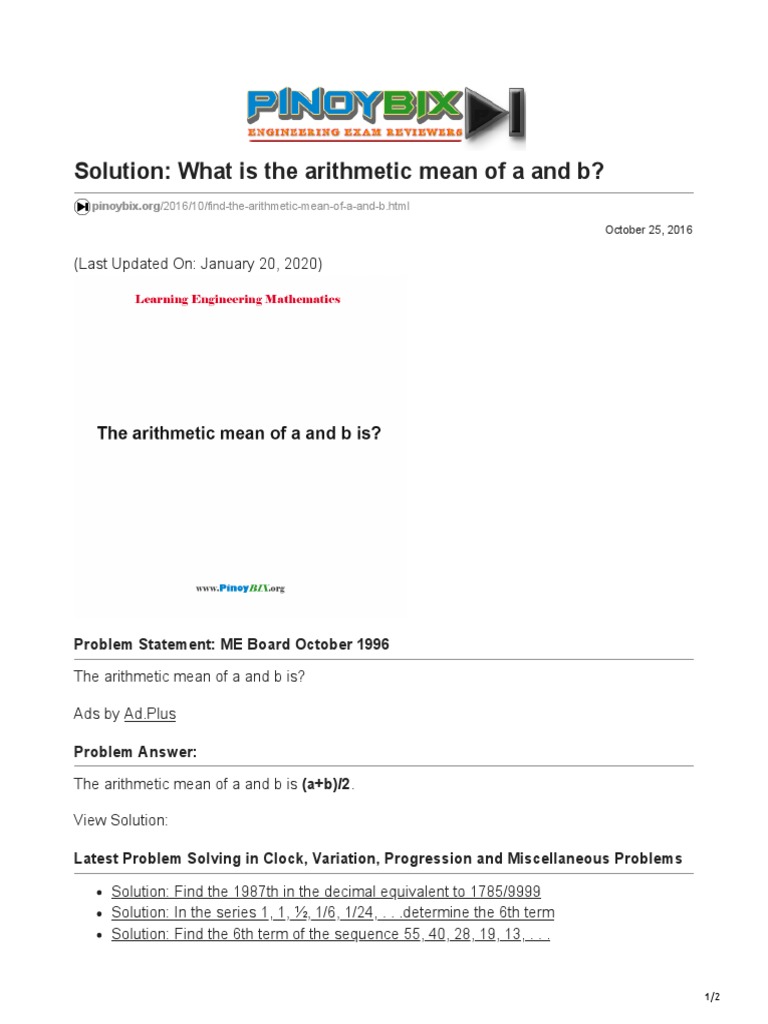 Arithmetic Mean of a and b Explained | PDF
