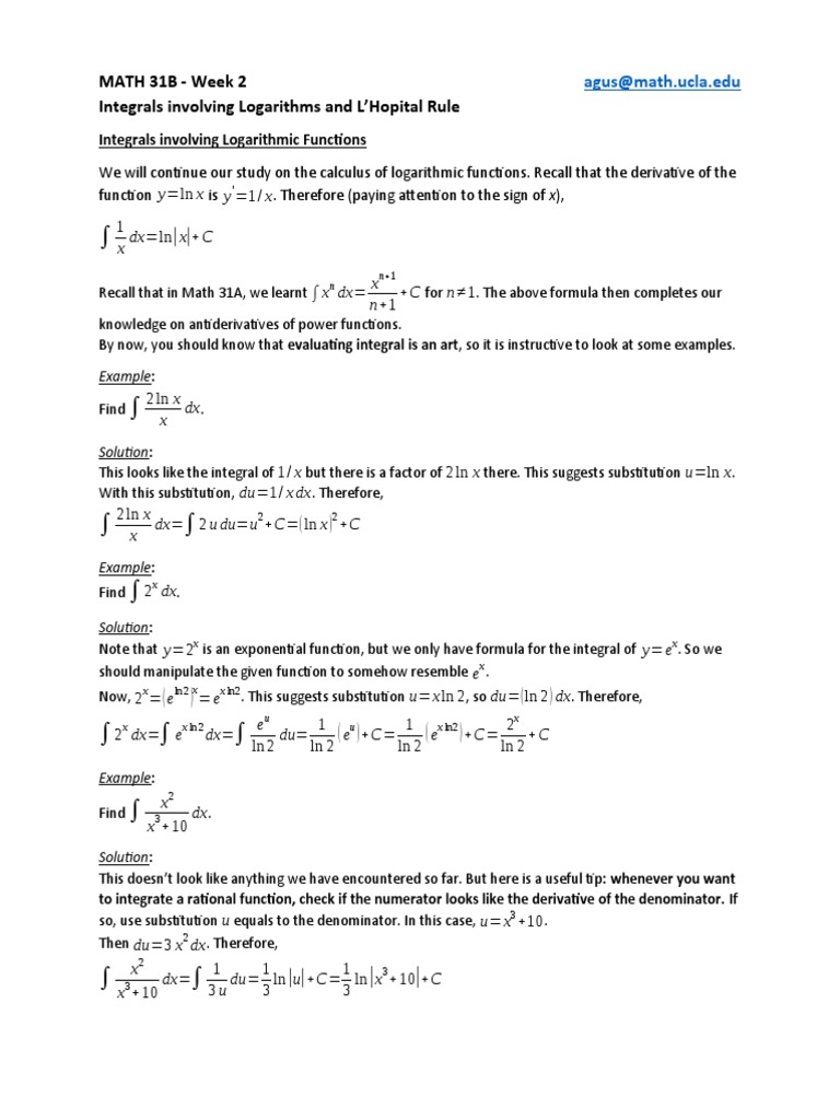 MATH 31B - Week 2 Integrals Involving Logarithms and L'Hopital Rule ...