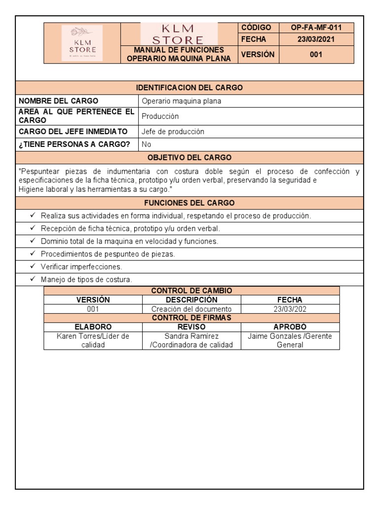 Manual de Funciones Operario Maquina Plana | PDF