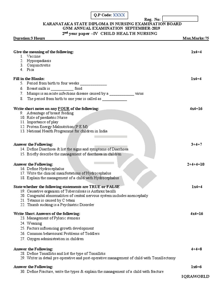 Child Health Nursing Question Papers 2019-2024 | PDF | Pneumonia ...