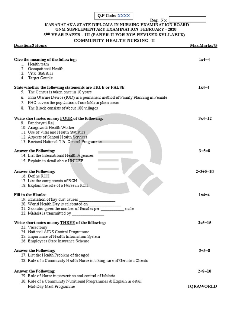 GNM 3rd Year Community Health Nursing Papers | PDF | Nursing | World ...