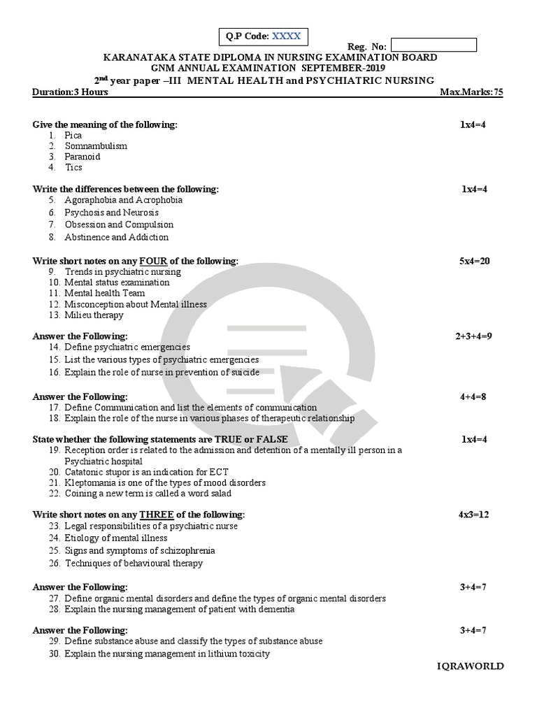2.3 Mental Health Nursing & Psychiatric Papers QP | PDF | Psychiatric ...