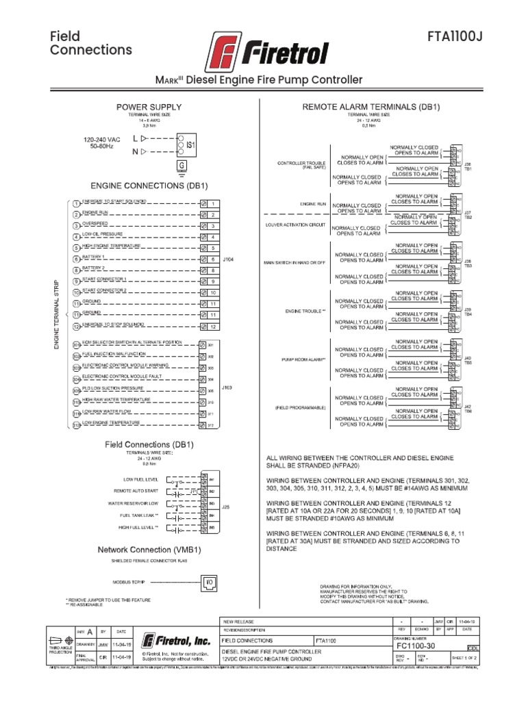 Field Connections FTA1100J: M Diesel Engine Fire Pump Controller | PDF