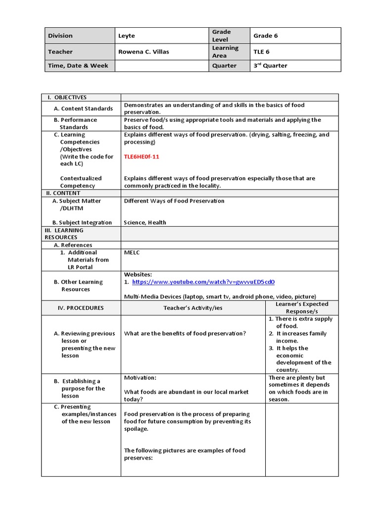 Grade 6 TLE Lesson Plan on Food Preservation Techniques | PDF | Food ...