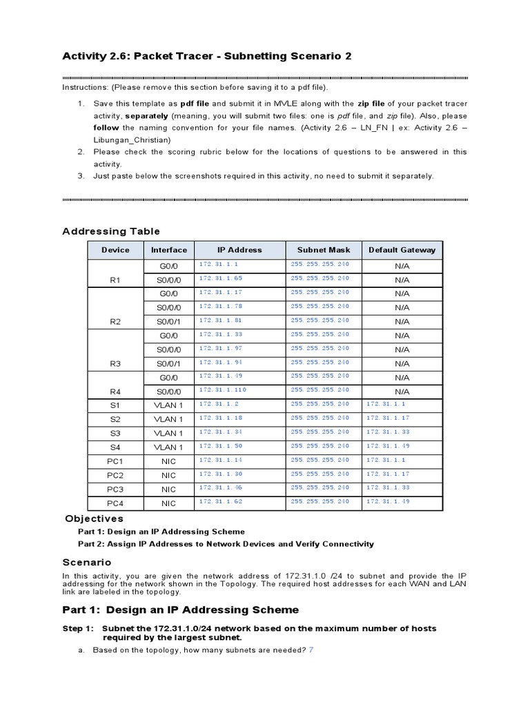Activity 2.6 - Subnetting Scenario2 (Packet Tracer) | PDF | Ip Address ...